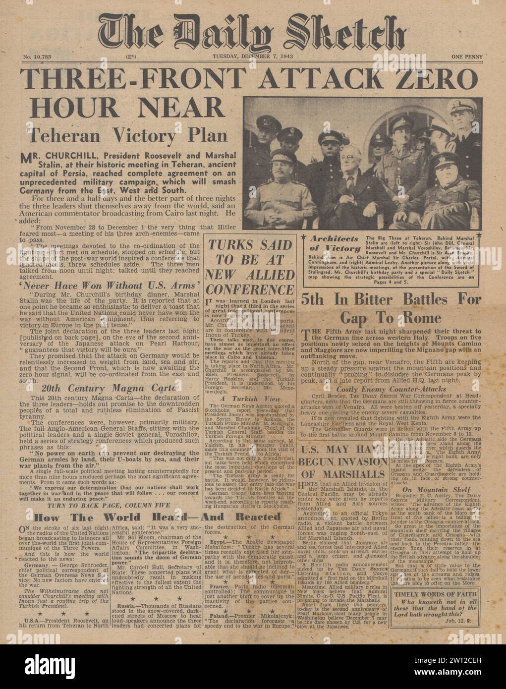 1943 The Daily Sketch front page reporting Tehran Conference, Allied ...