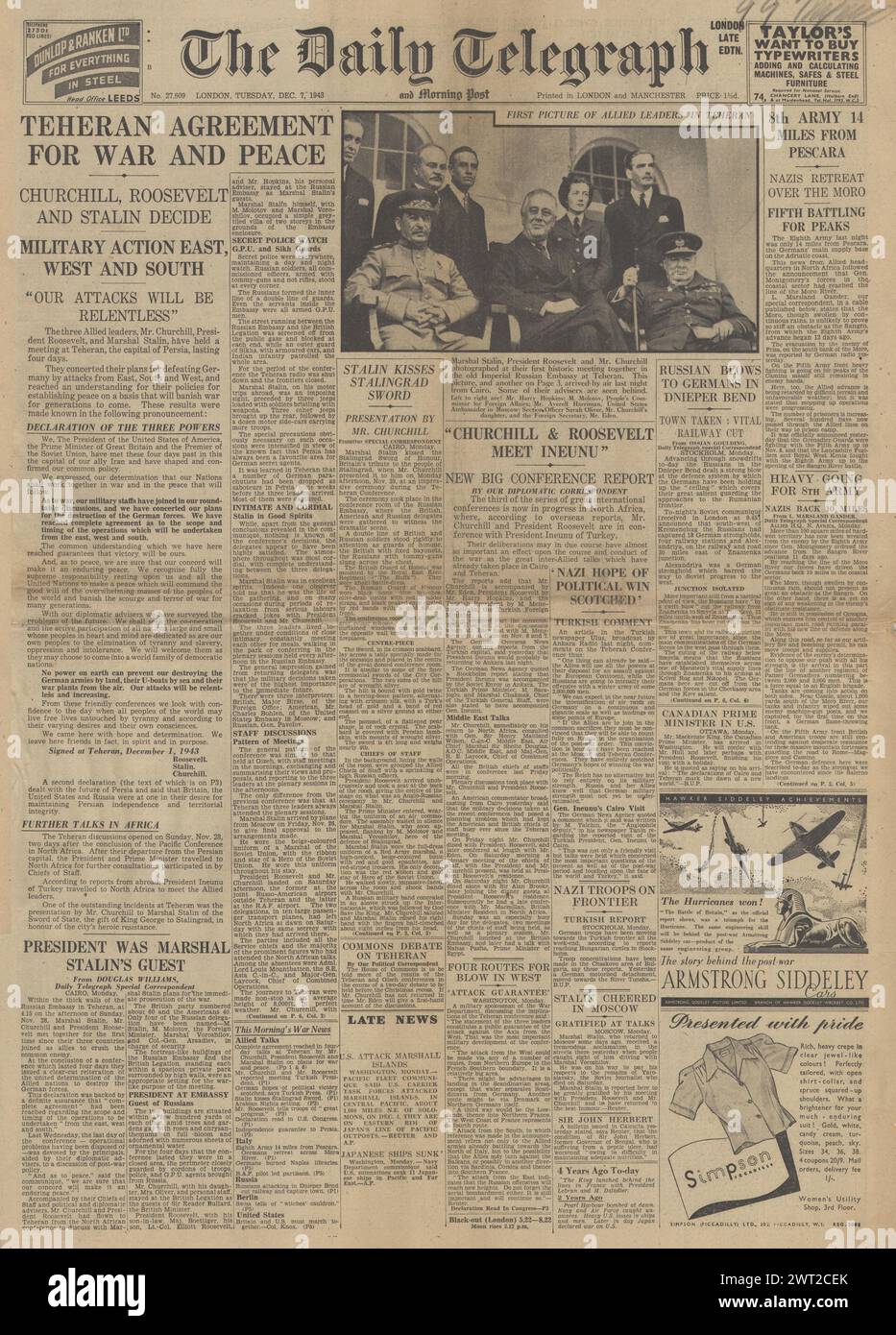 1943 The Daily Telegraph front page reporting Tehran Conference, Allied ...