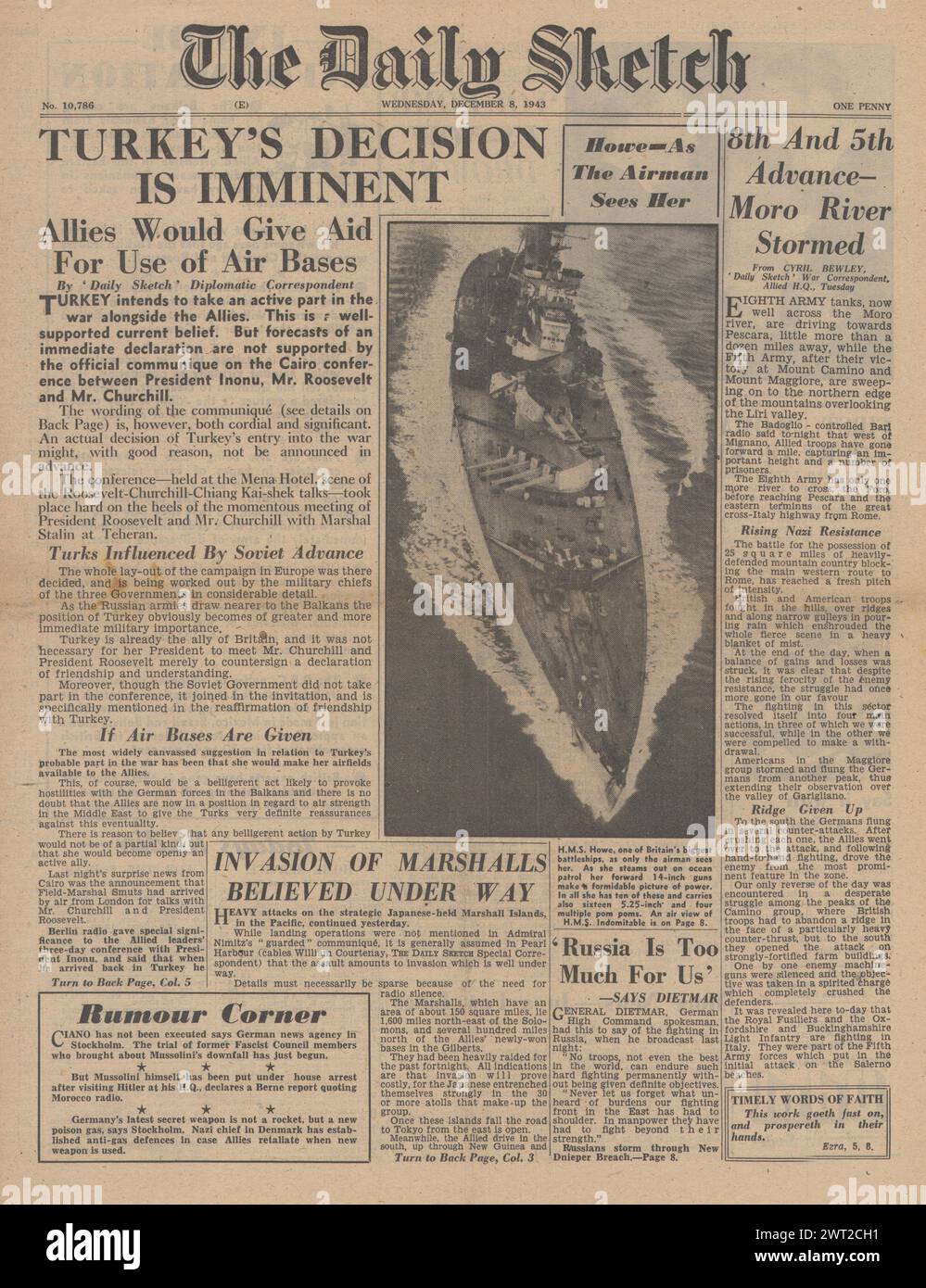 1943 The Daily Sketch front page reporting Tehran Conference, Allied ...