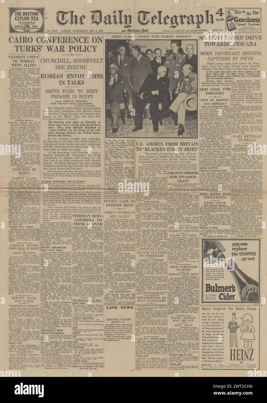 1943 The Daily Telegraph front page reporting Tehran Conference, Allied ...