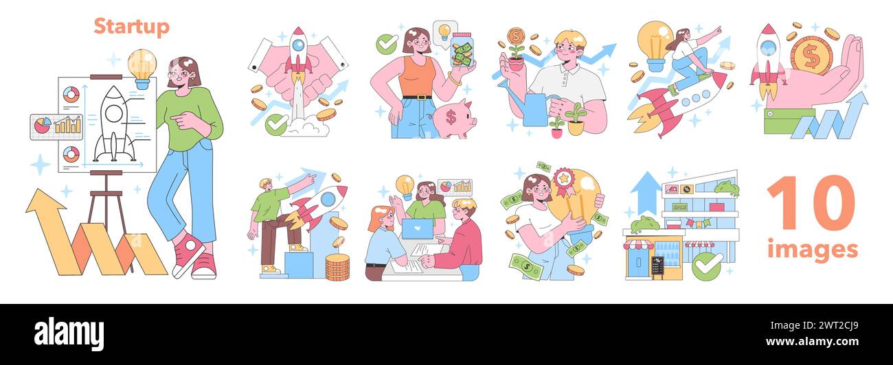 Startup set. Journey of a business idea. Rocket launch, financial ...