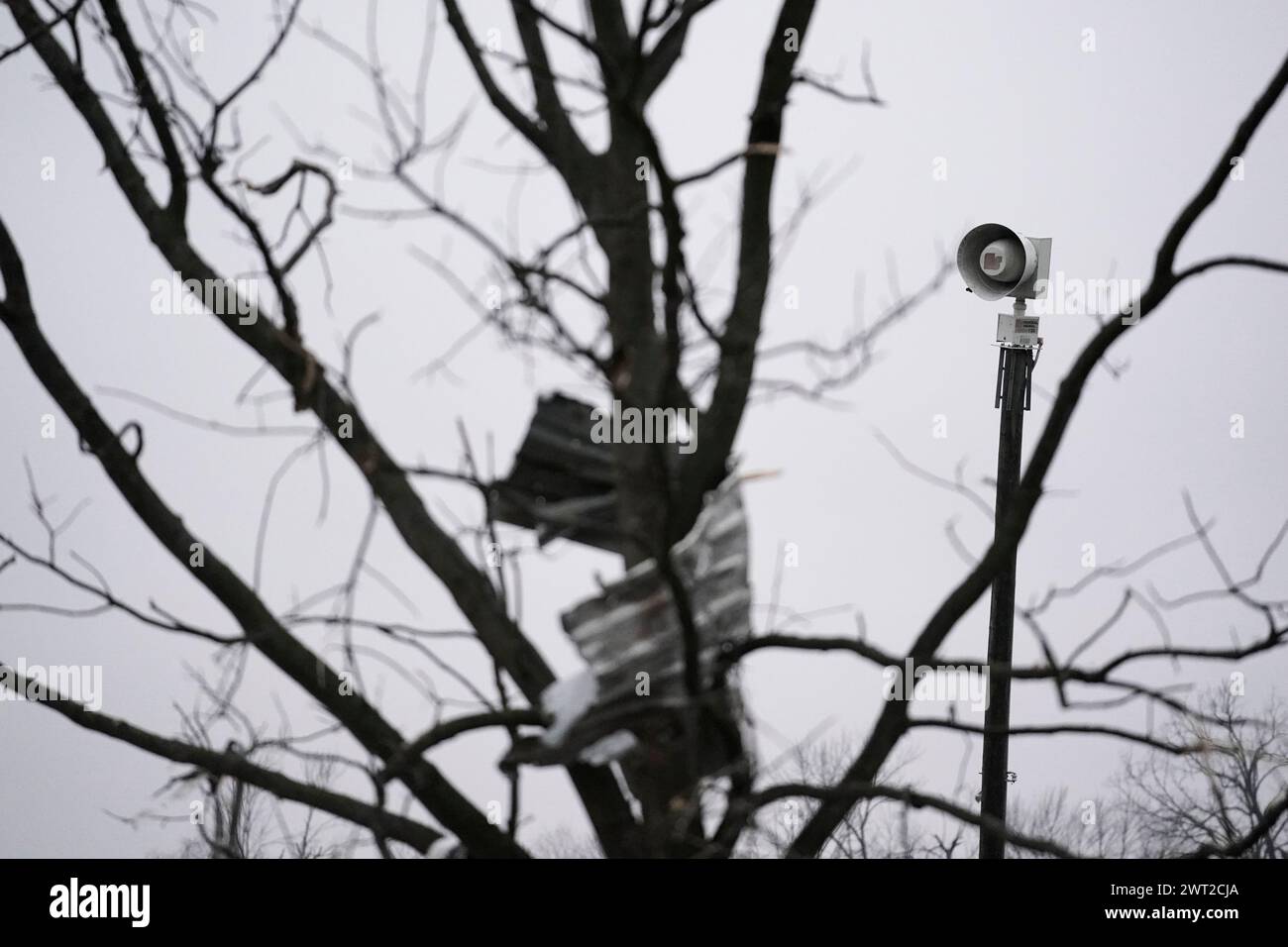 A tornado siren is visible near debris stuck in a tree following a ...