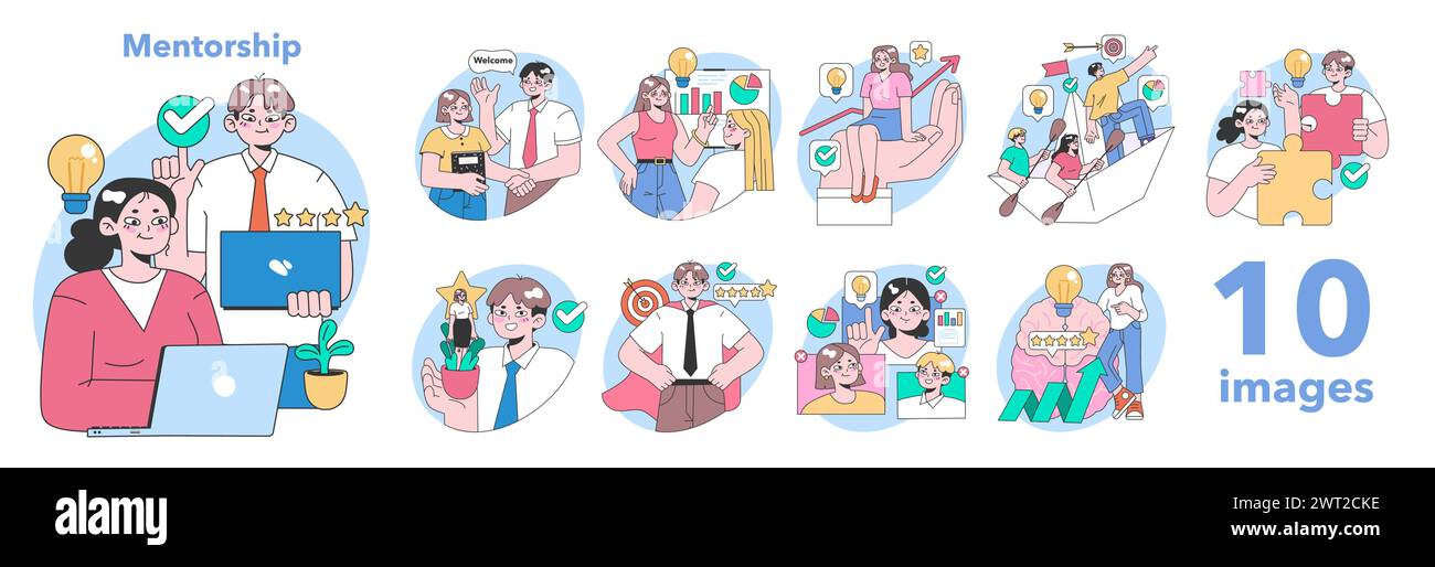 Mentorship set. Professionals guiding newcomers. Achieving goals ...