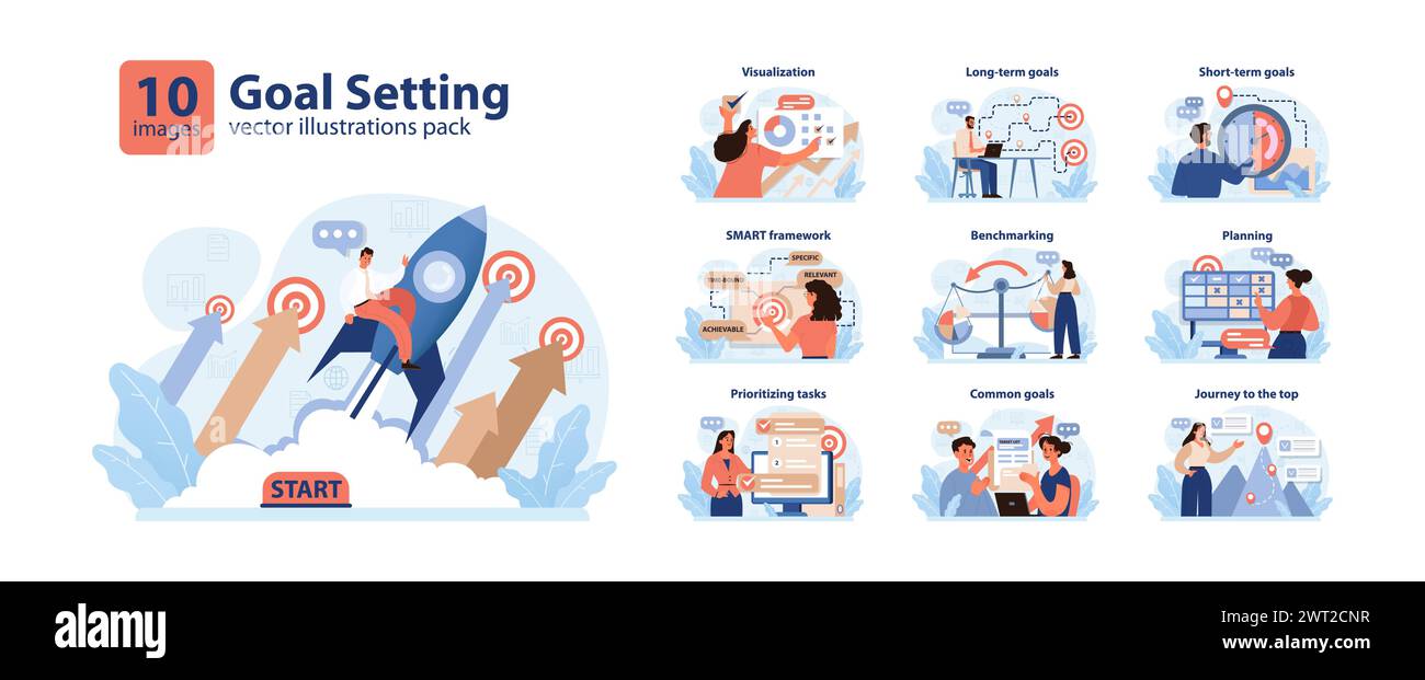 Goal Setting set. Inspiring journey from start to success ...