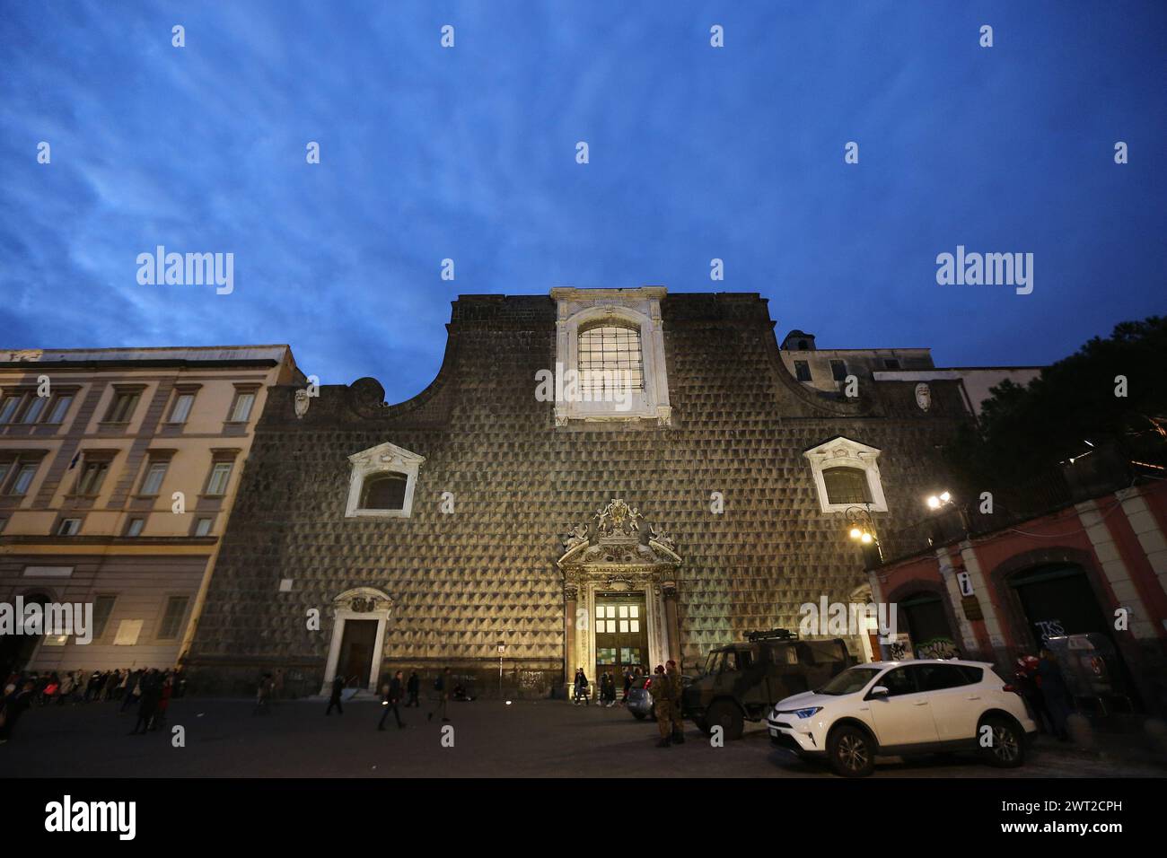Jesus square in Naples, with the Church of The New Jesus, at dusk Stock ...