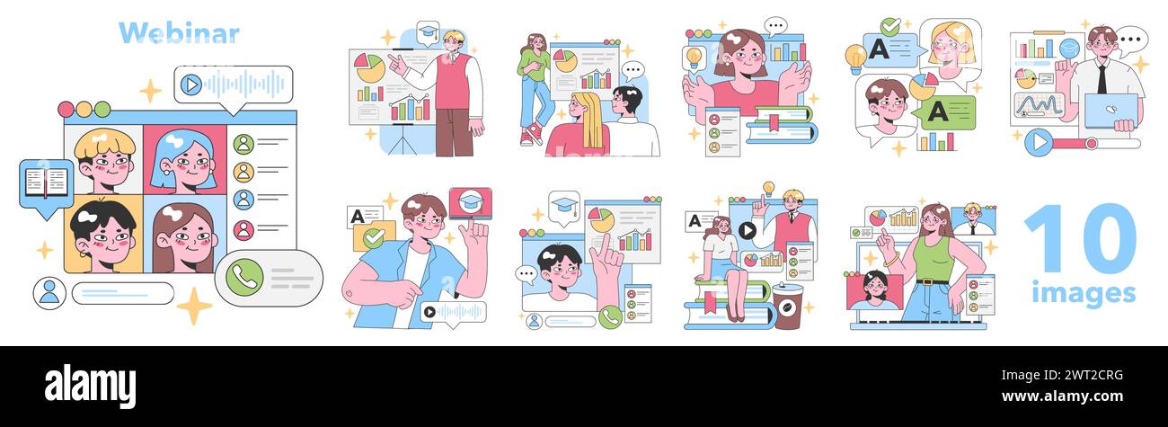 Webinar set. Engaging online education scenes with diverse participants ...