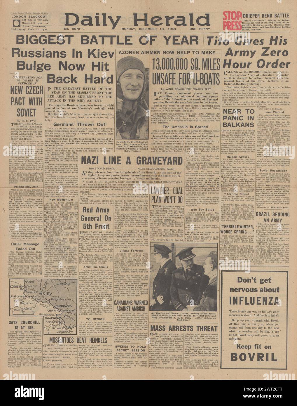 1943 Daily Herald front page reporting Red Army advance on Kiev bulge ...