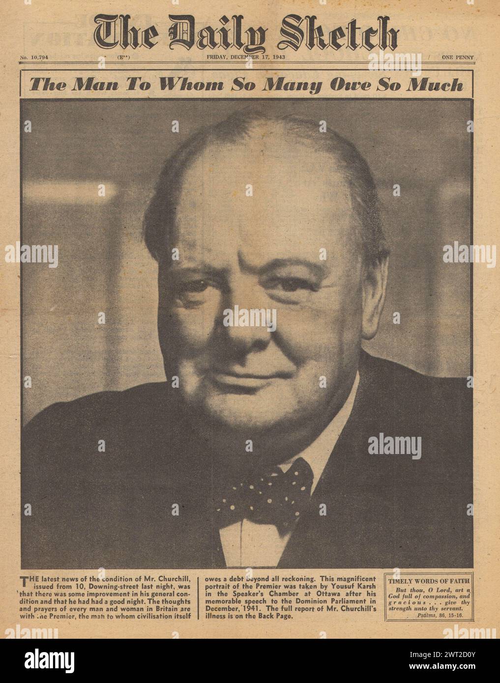 1943 Daily Sketch front page reporting Churchill has pneumonia Stock ...