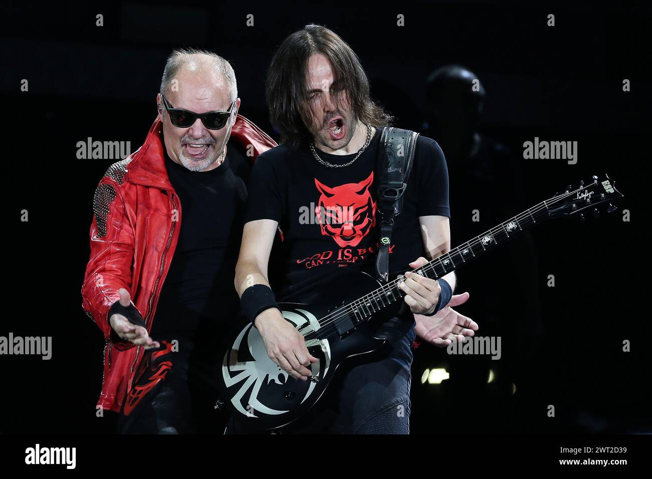 Italian rock singer Vasco Rossi, and his guitarist, during a concert in ...