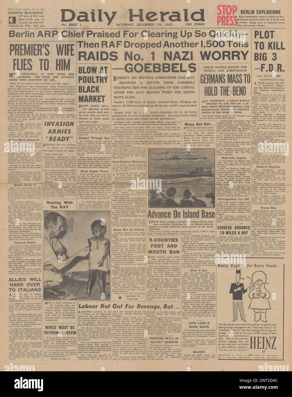 1943 Daily Herald front page reporting Allies bomb Berlin, Churchill ...