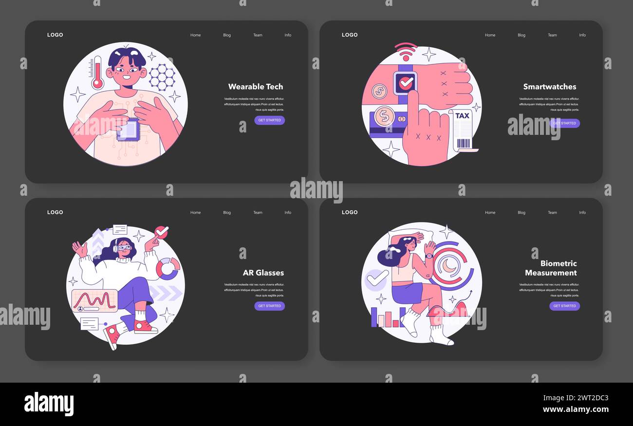 Wearable technology web banner or landing page night or dark mode set ...