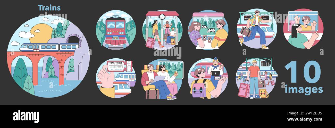 Train trip night or dark mode set. Characters traveling by train ...