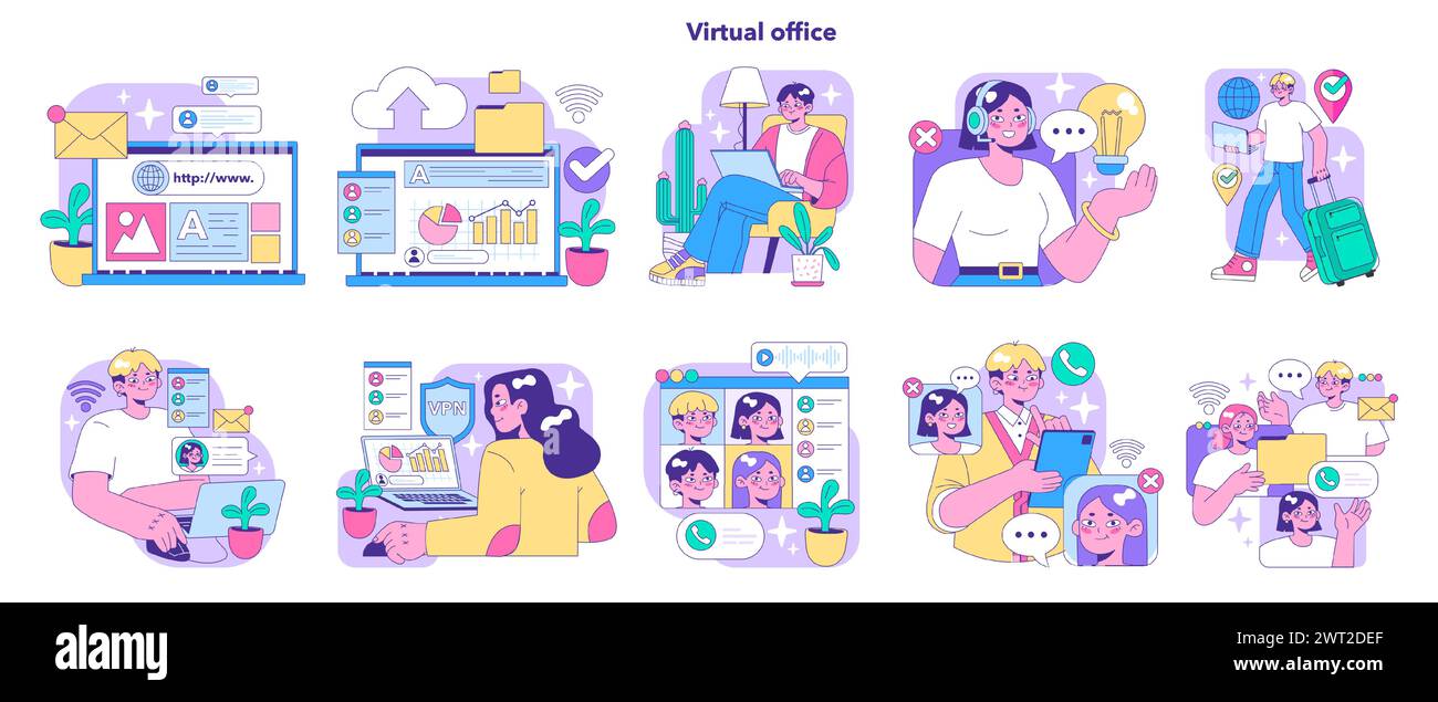Virtual office set. Professionals engaging in online tasks. Website ...