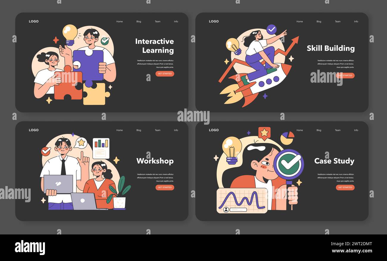 Training workshop web banner or landing page night or dark mode set. Interactive training ...