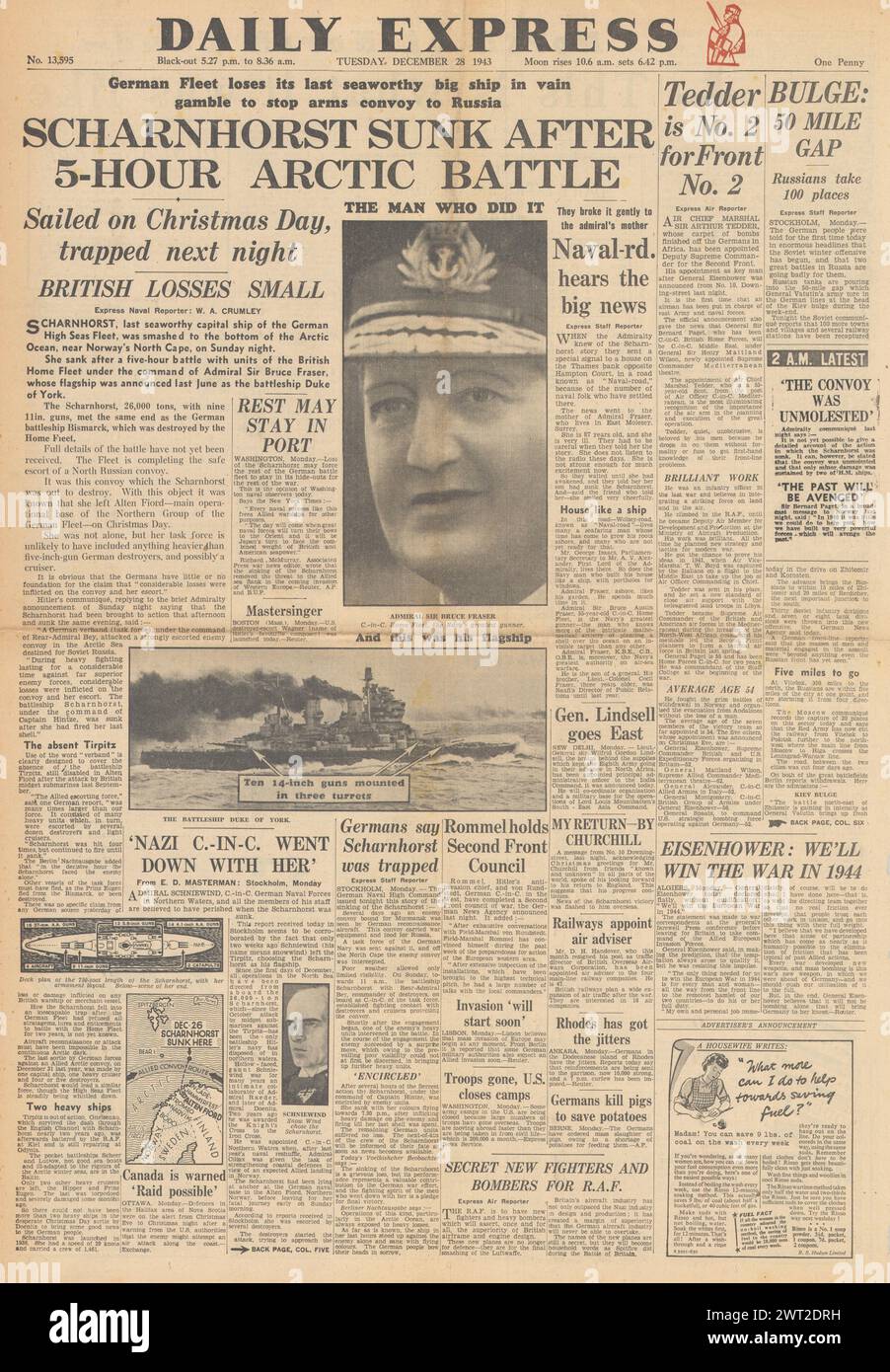 1943 Daily Express front page reporting Battlecruiser Scharnhorst sunk ... 1943 Daily Express front page reporting Battlecruiser Scharnhorst sunk ...