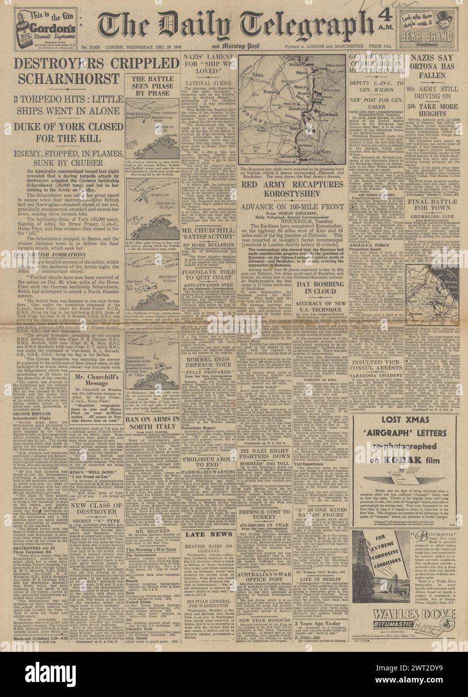1943 The Daily Telegraph front page reporting Battlecruiser Scharnhorst ...