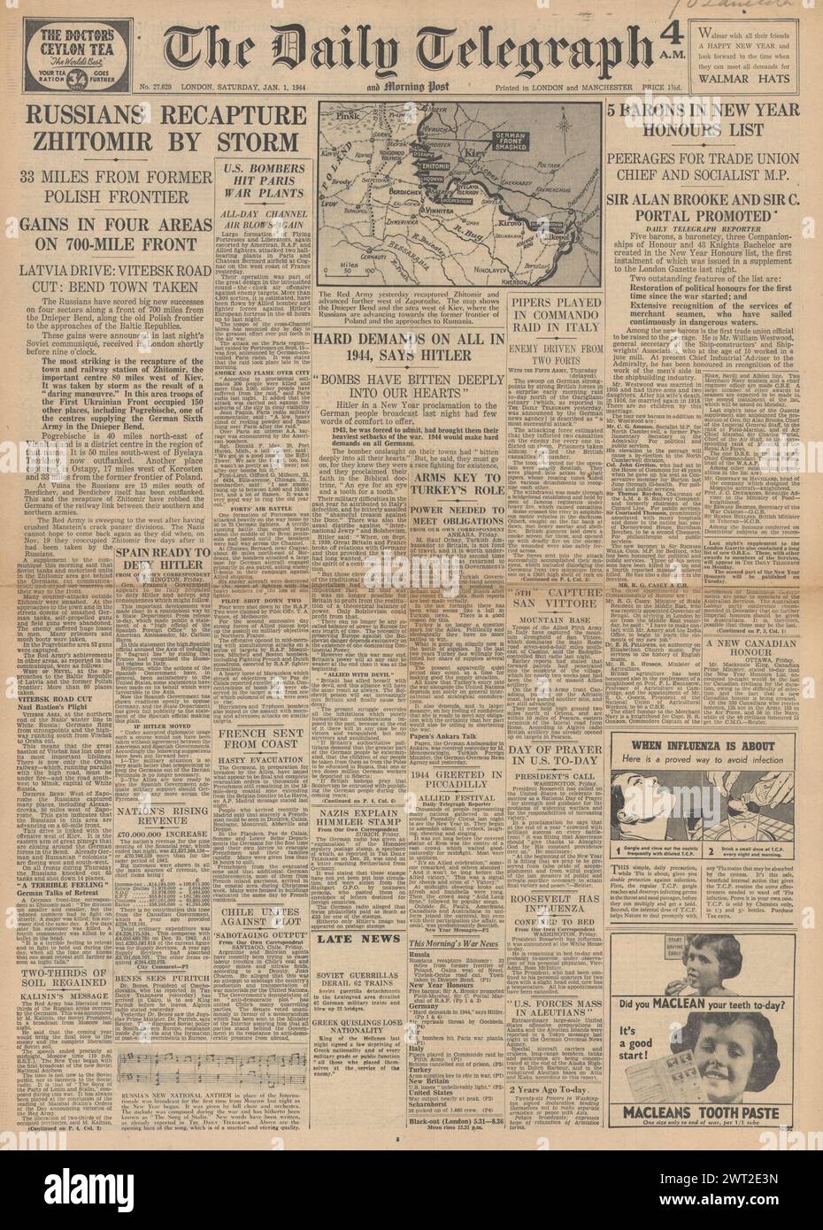1944 The Daily Telegraph front page reporting Red Army capture Zhitomir ...