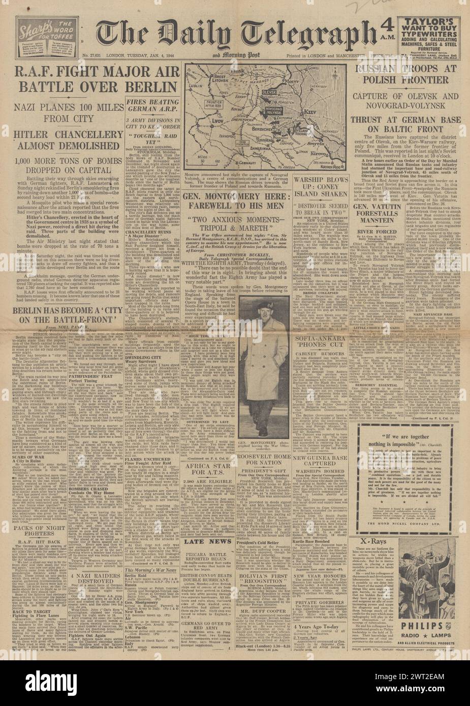 1944 The Daily Telegraph front page reporting Red Army advance towards ...