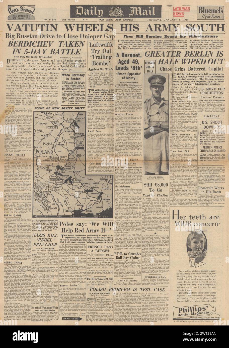 1944 Daily Mail front page reporting Red Army advance capture Berdichev ...