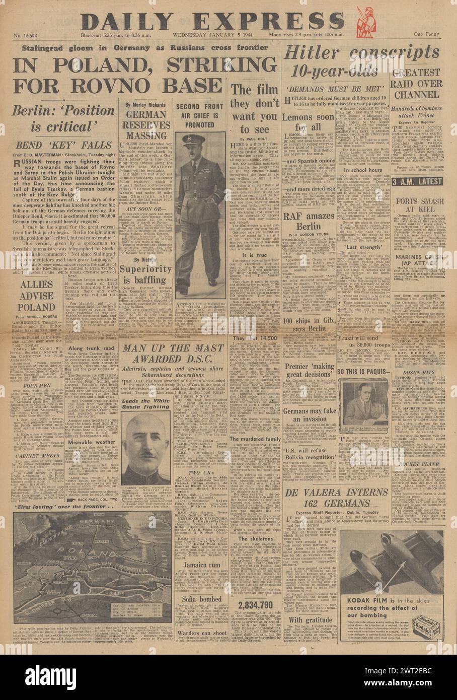 1944 Daily Express front page reporting Red Army advance on Poland and ...