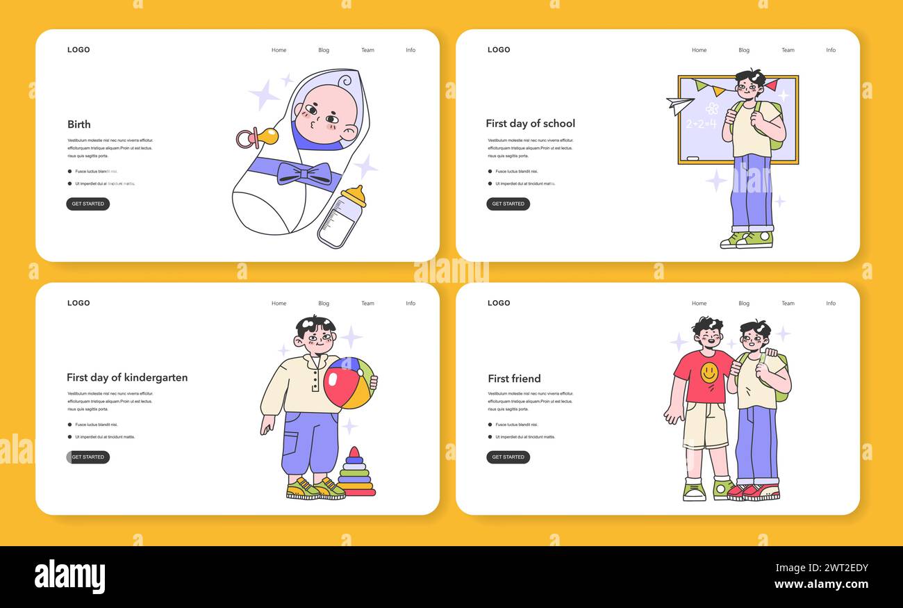 Childhood and teenager years web banner or landing page set. Life ...