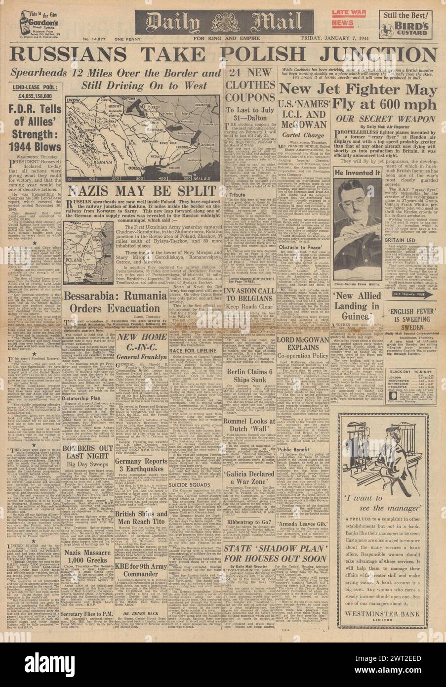 1944 Daily Mail front page reporting Red Army capture Rokitno, Frank ...