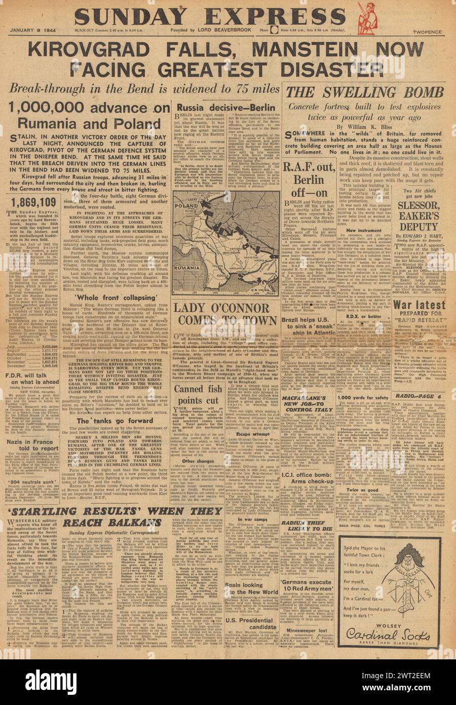 1944 Sunday Express front page reporting Red Army capture Kirovograd ...