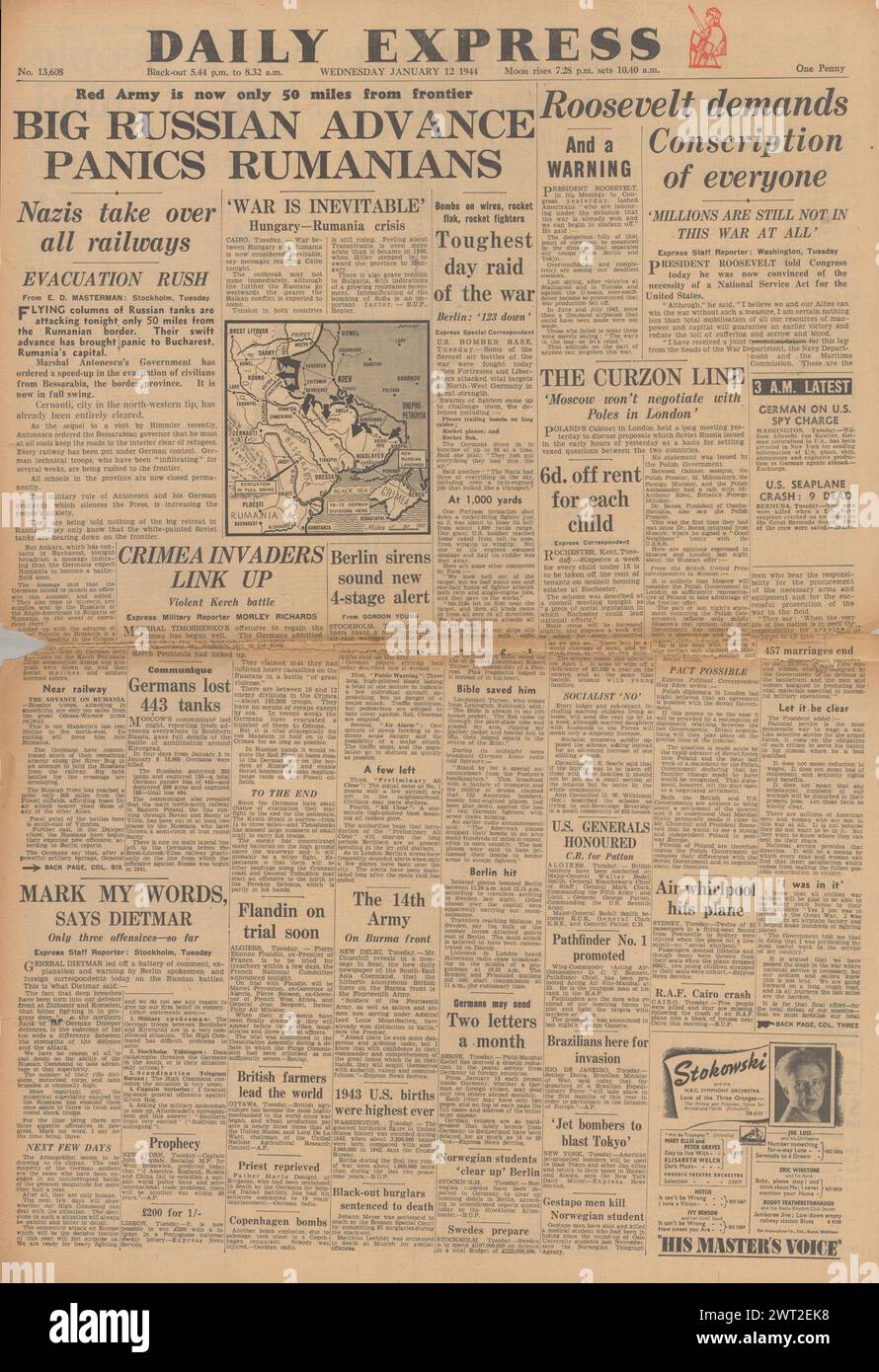 1944 Daily Express front page reporting Red Army advance on Romania and ...