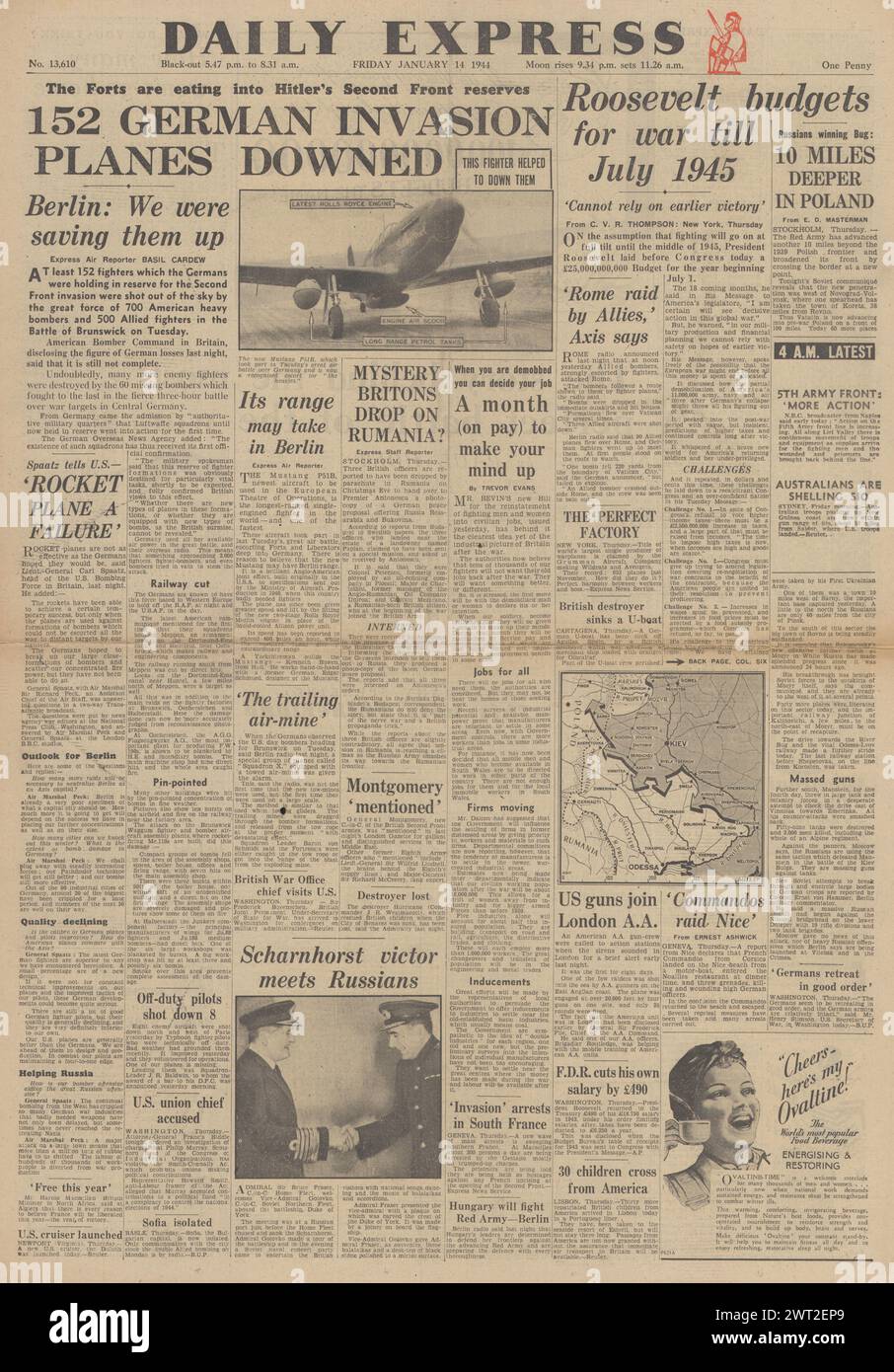1944 Daily Express front page reporting Allies bomb Braunschweig, Red ...