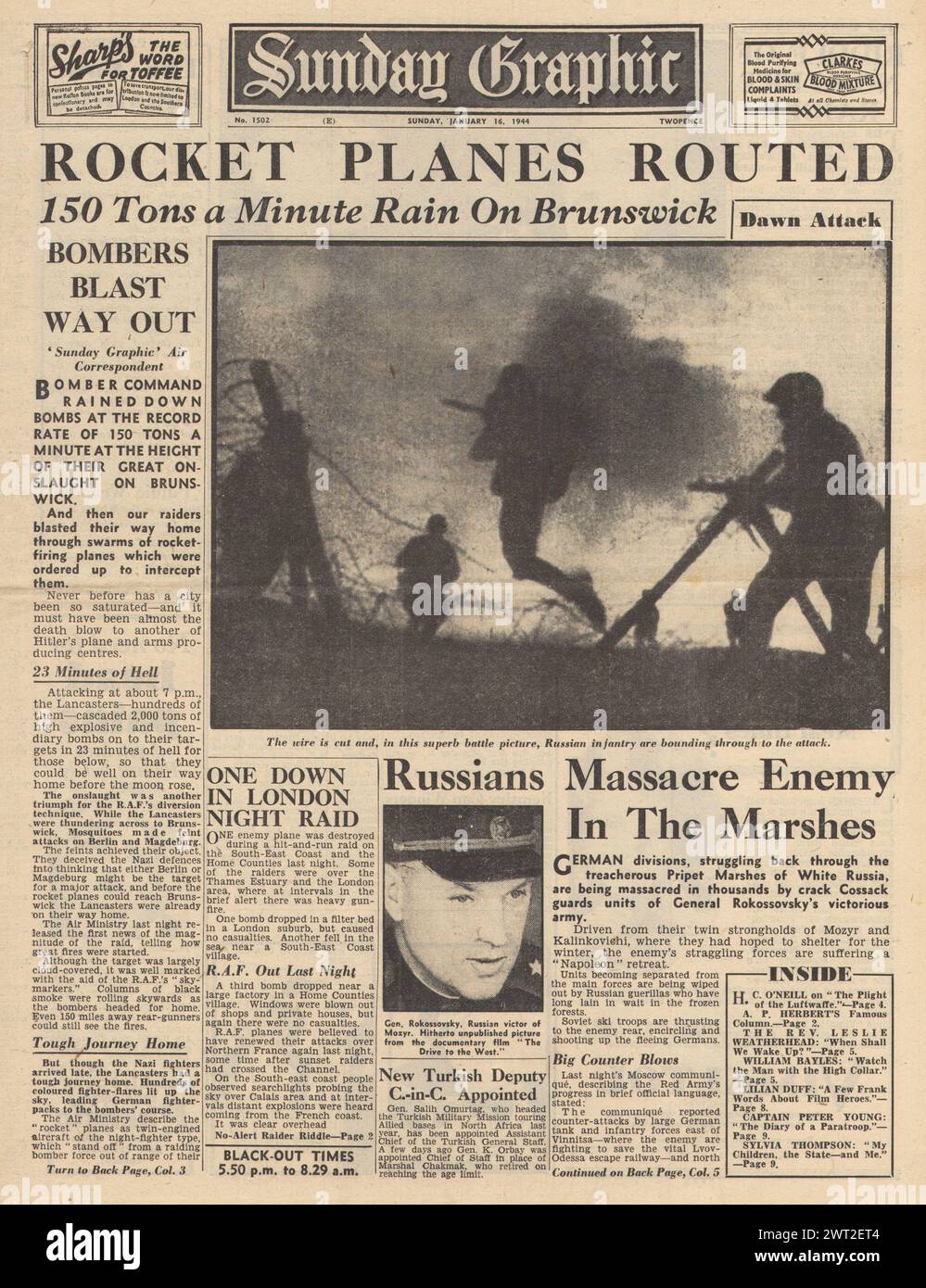 1944 Daily Graphic front page reporting RAF bomb Braunschweig and Red ...