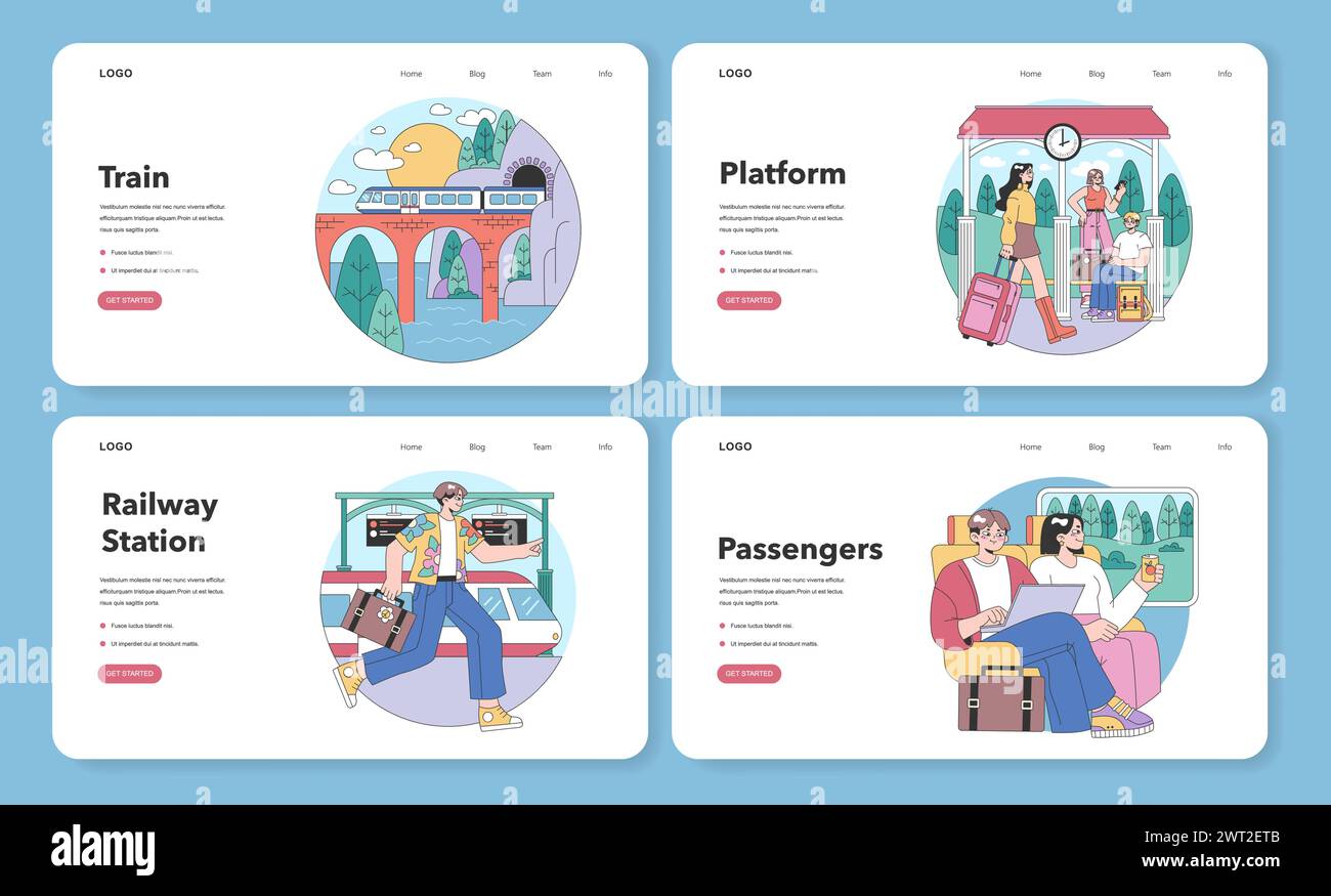 Train trip web banner or landing page set. Characters traveling by ...