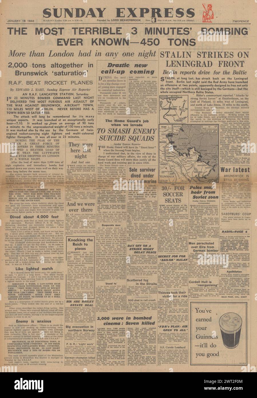1944 Sunday Express front page reporting RAF bomb Braunschweig and Red ...