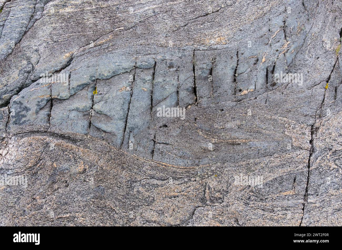 Close-up of historical carvings etched into a grey rock face, with ...