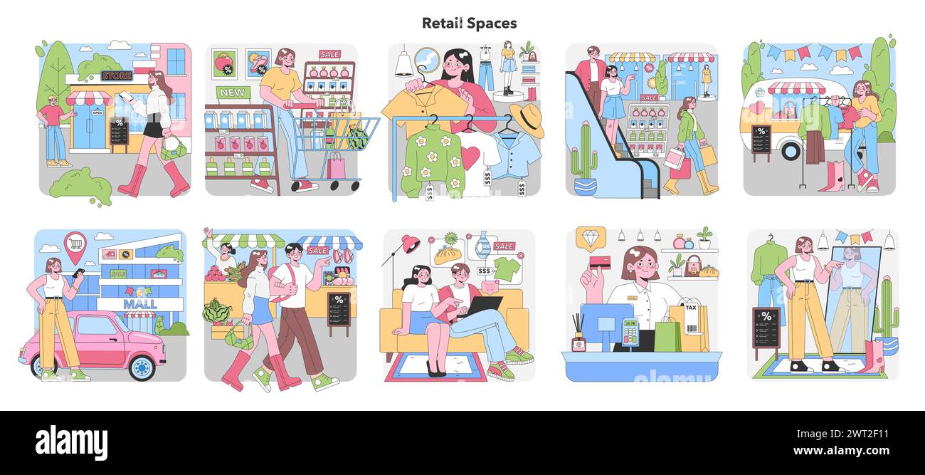 Retail Spaces set. Shoppers exploring city stores, checking out deals ...