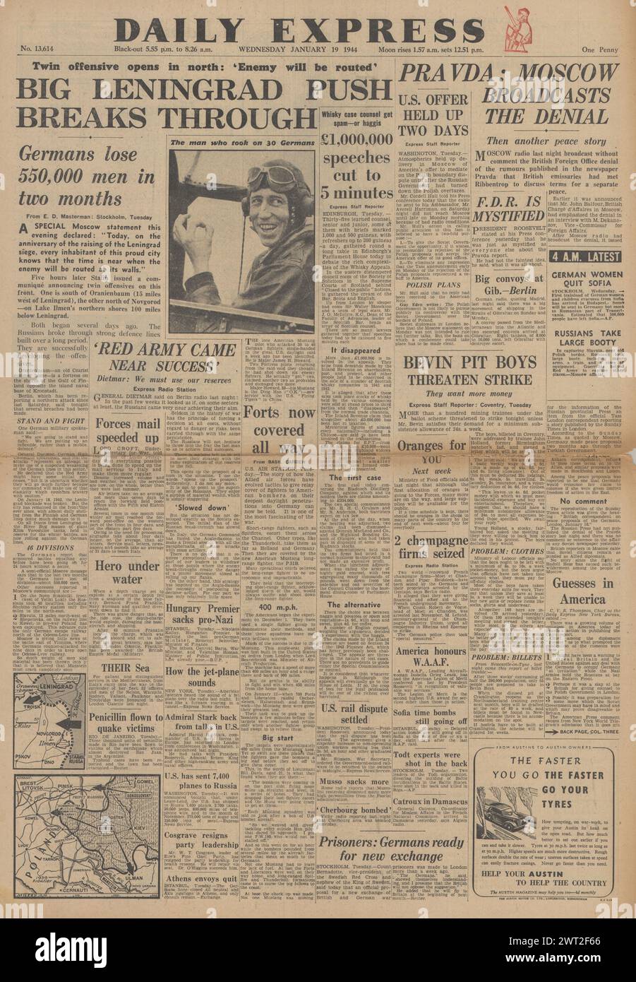 1944 Daily Express front page reporting Red Army advance on Leningrad ...