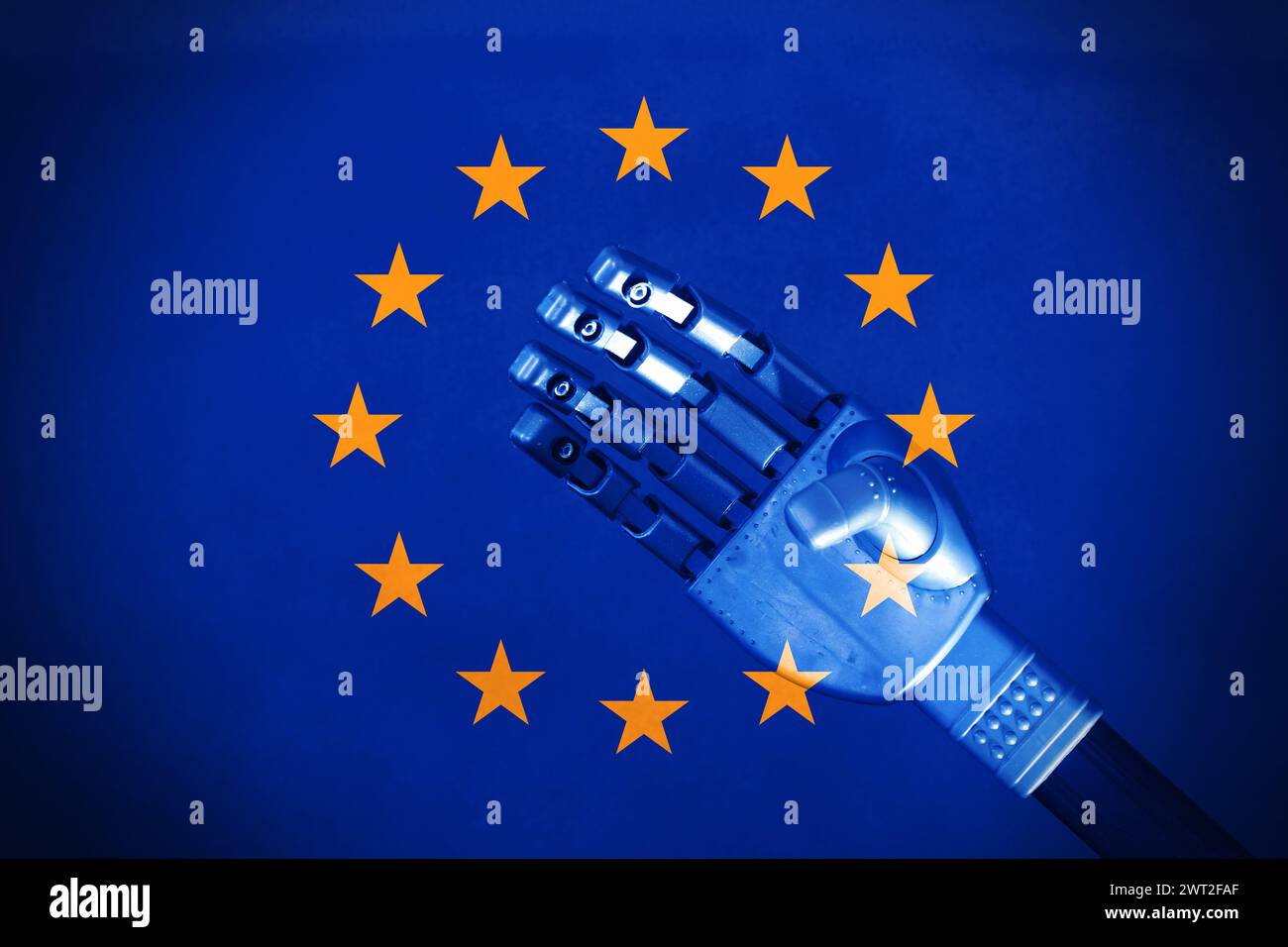 European flag with a robot hand in the center, concept of Ai regulation ...
