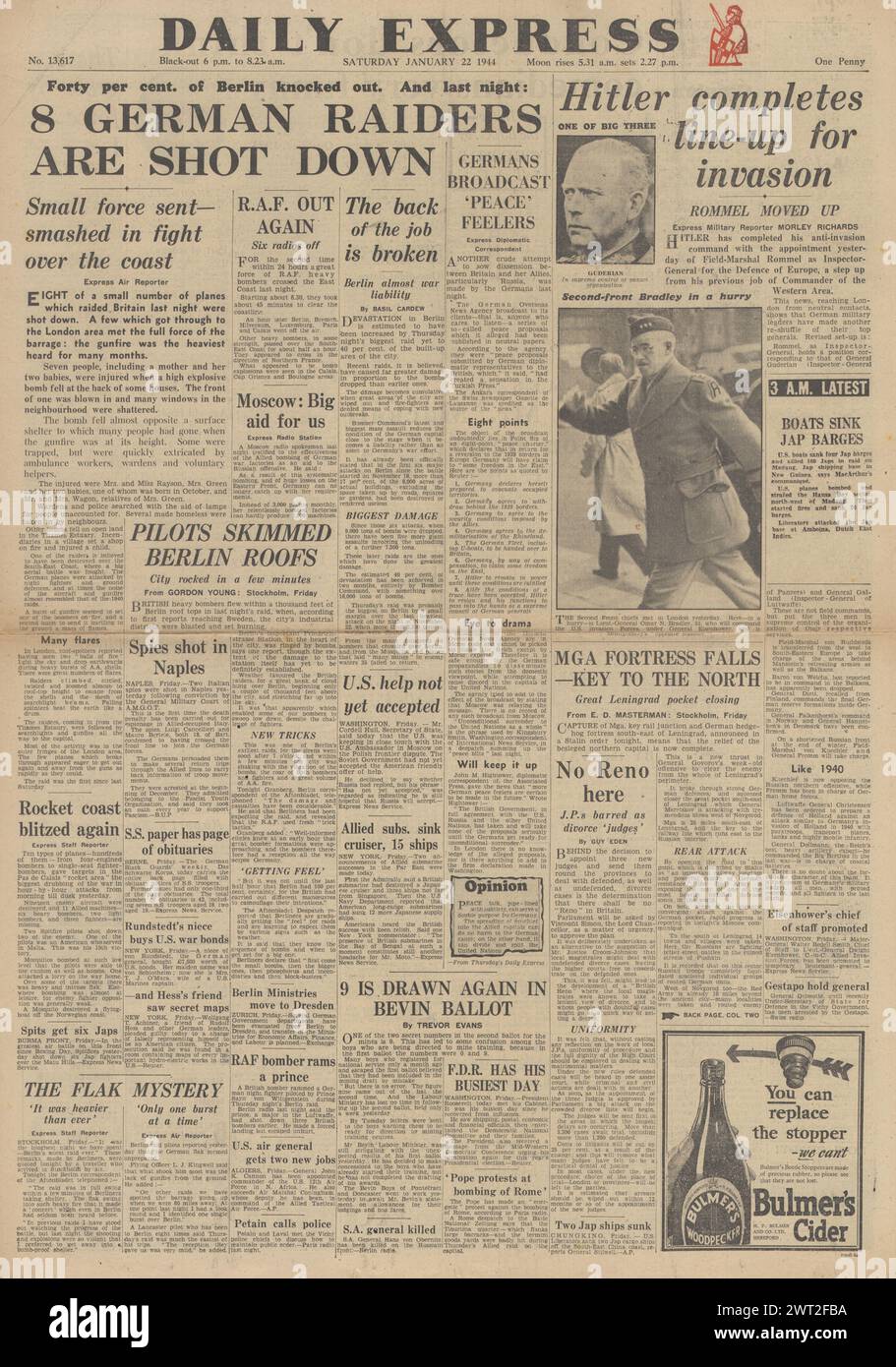 1944 Daily Express front page reporting German raiders shot down and ...