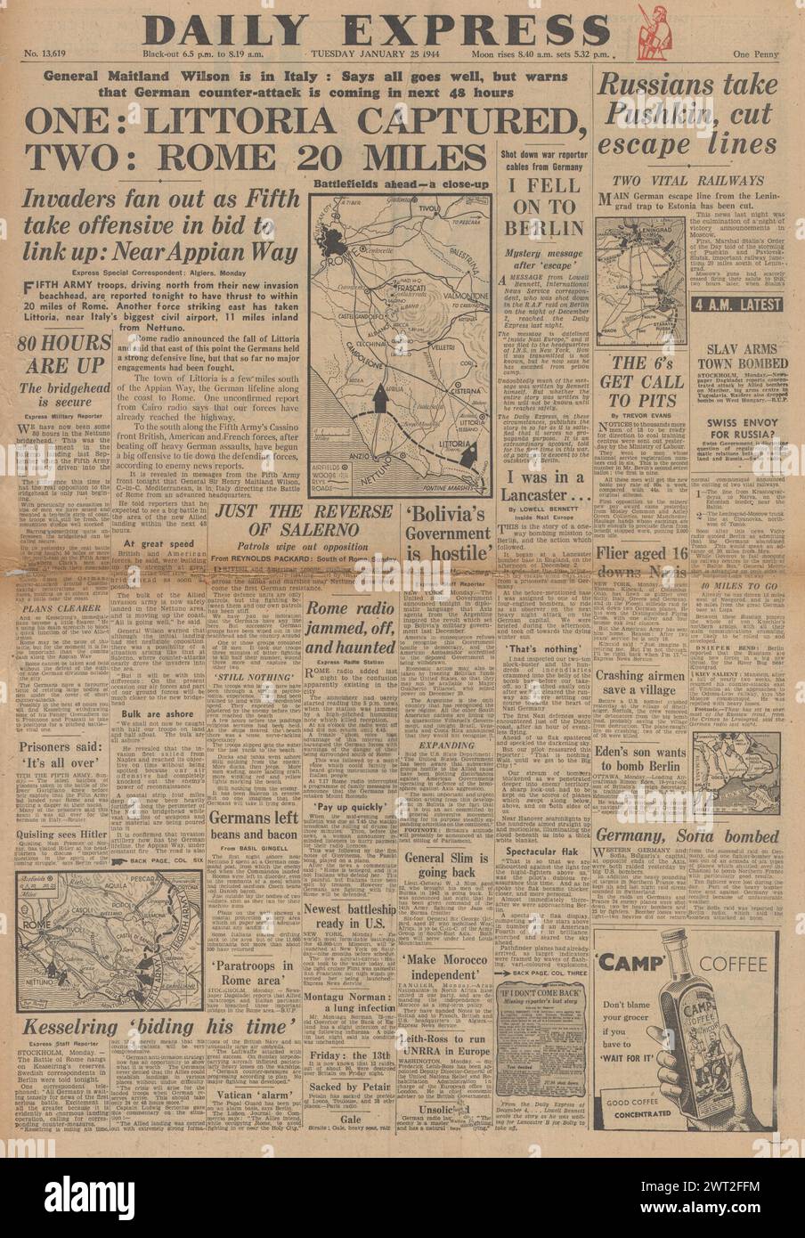 1944 Daily Express front page reporting Allies land at Anzio, Red Army ...