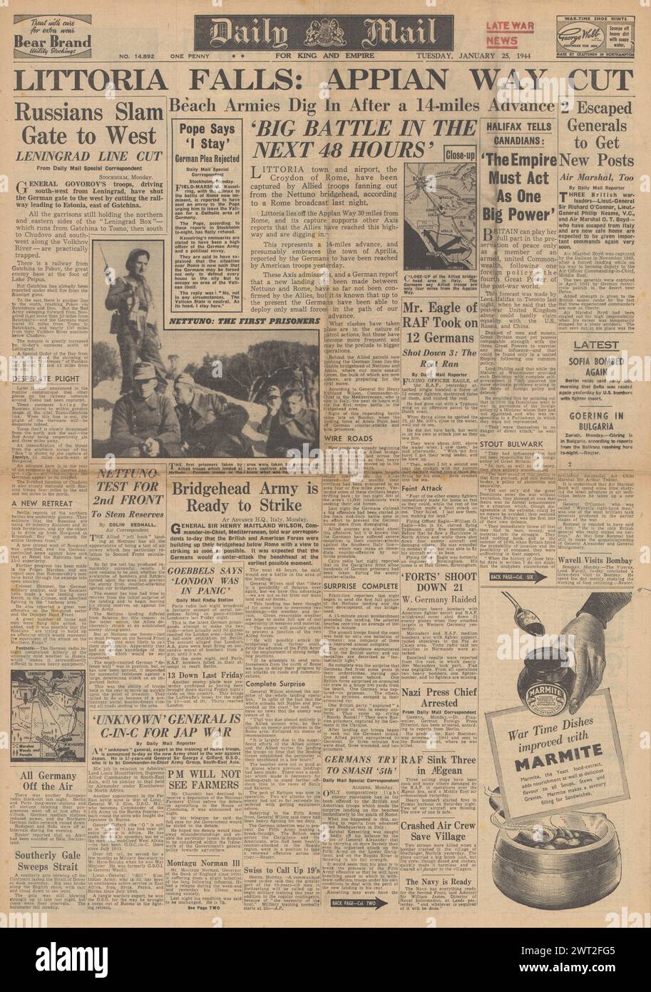 1944 Daily Mail front page reporting Allies land at Anzio, Red Army ...