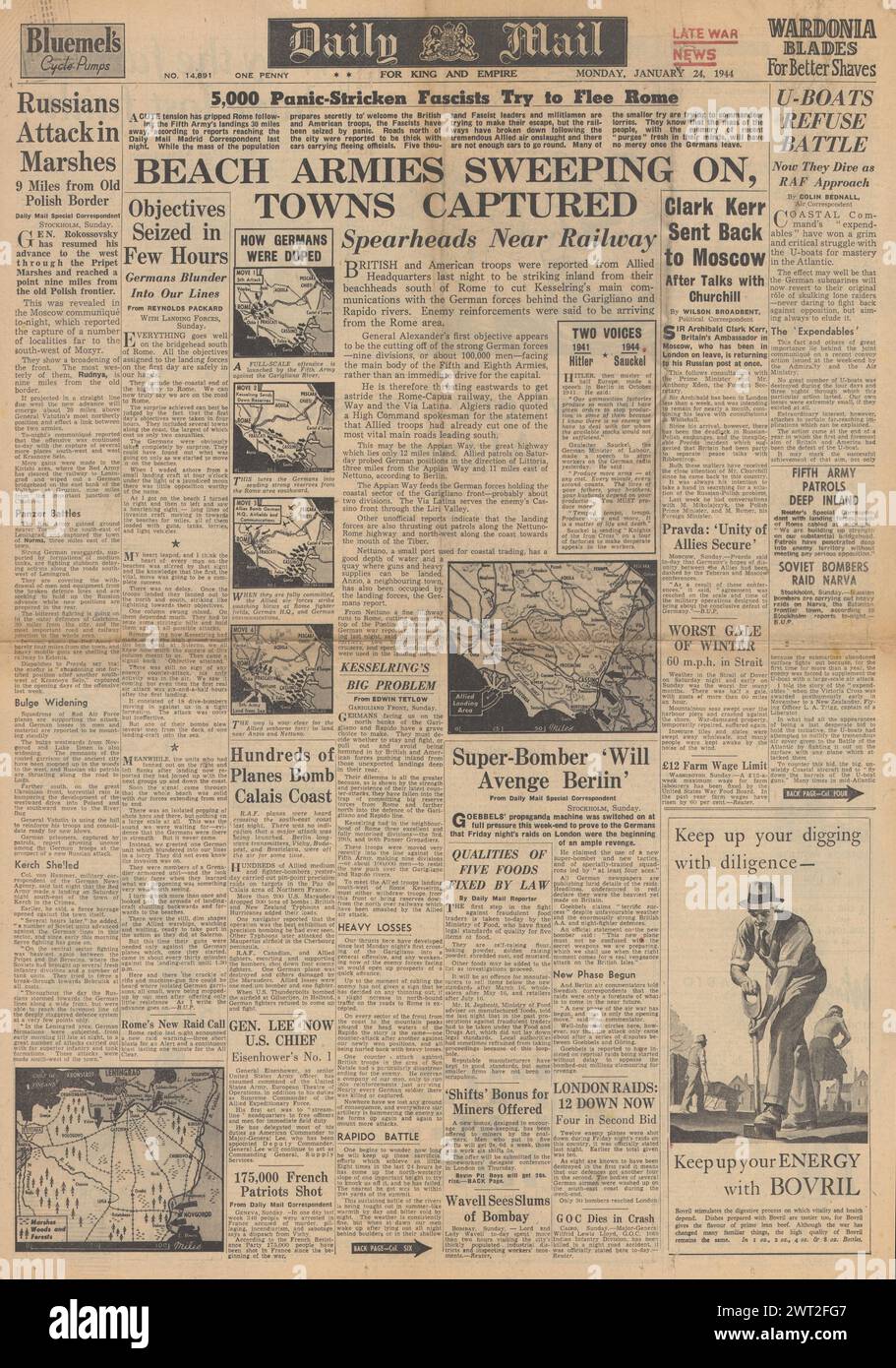 1944 Daily Mail front page reporting Allies land at Anzio, Battle for ...