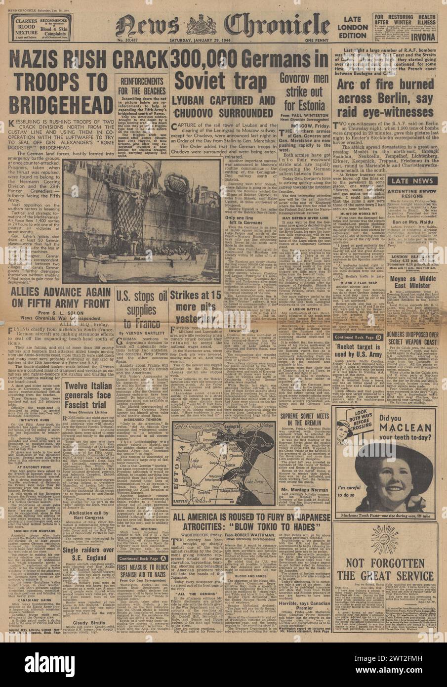 1944 News Chronicle front page reporting Battle for Italy, German Army ...