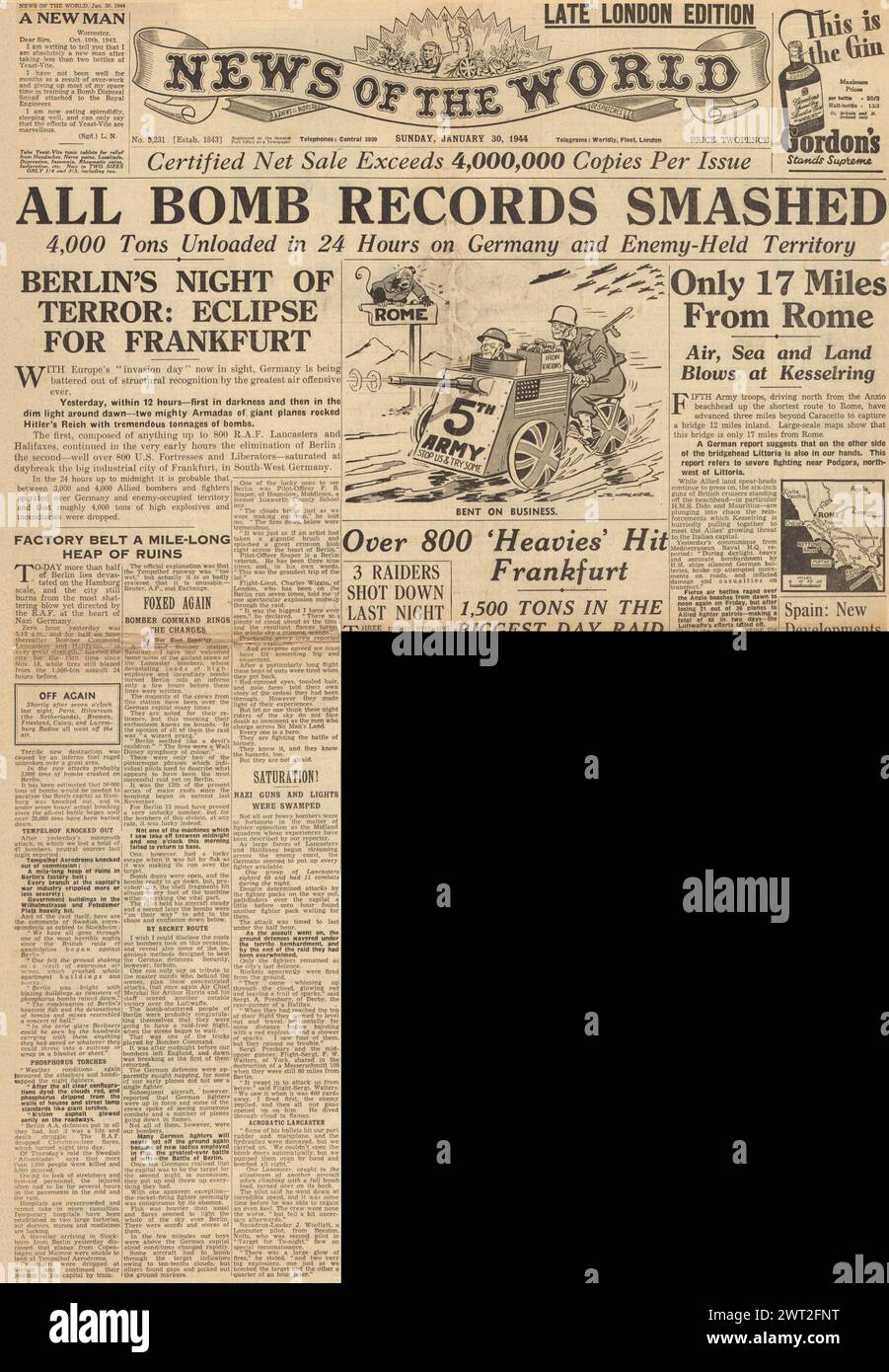 1944 News Of The World front page reporting RAF bomb Berlin and ...