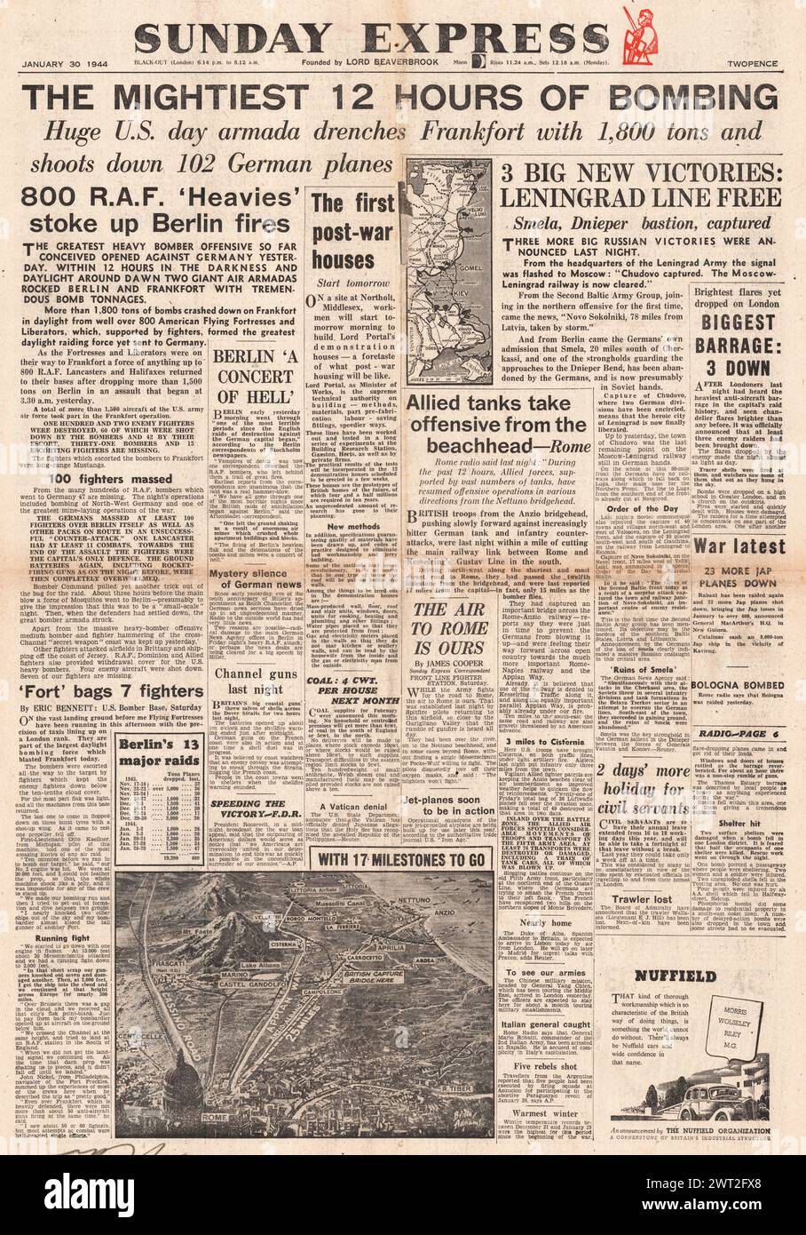 1944 Sunday Express front page reporting RAF bomb Berlin and Frankfurt ...
