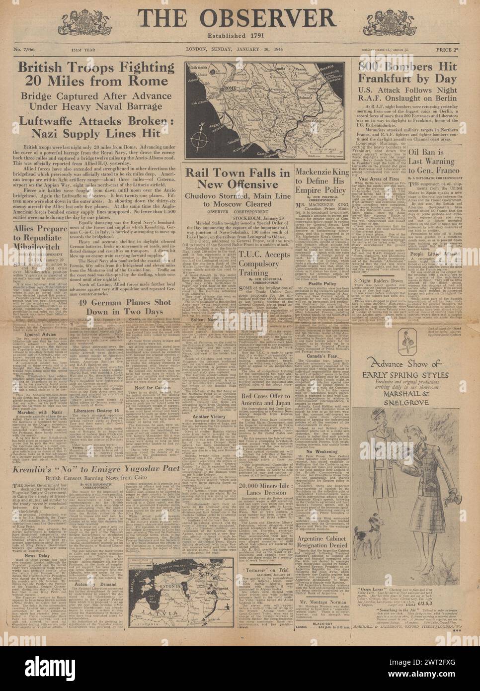 1944 The Observer front page reporting RAF bomb Berlin and Frankfurt ...