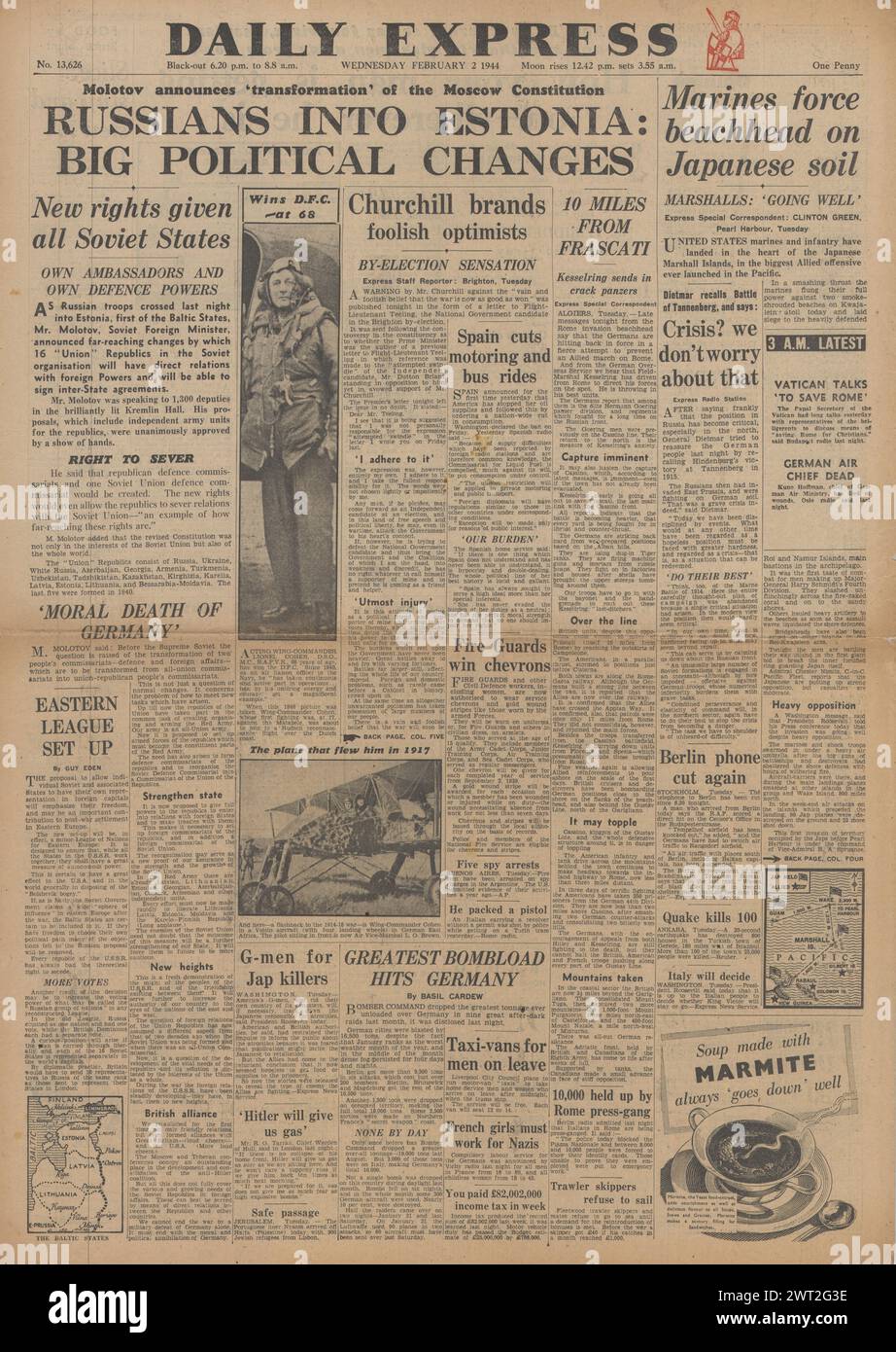 1944 Daily Express front page reporting Red Army enter Estonia and US ...