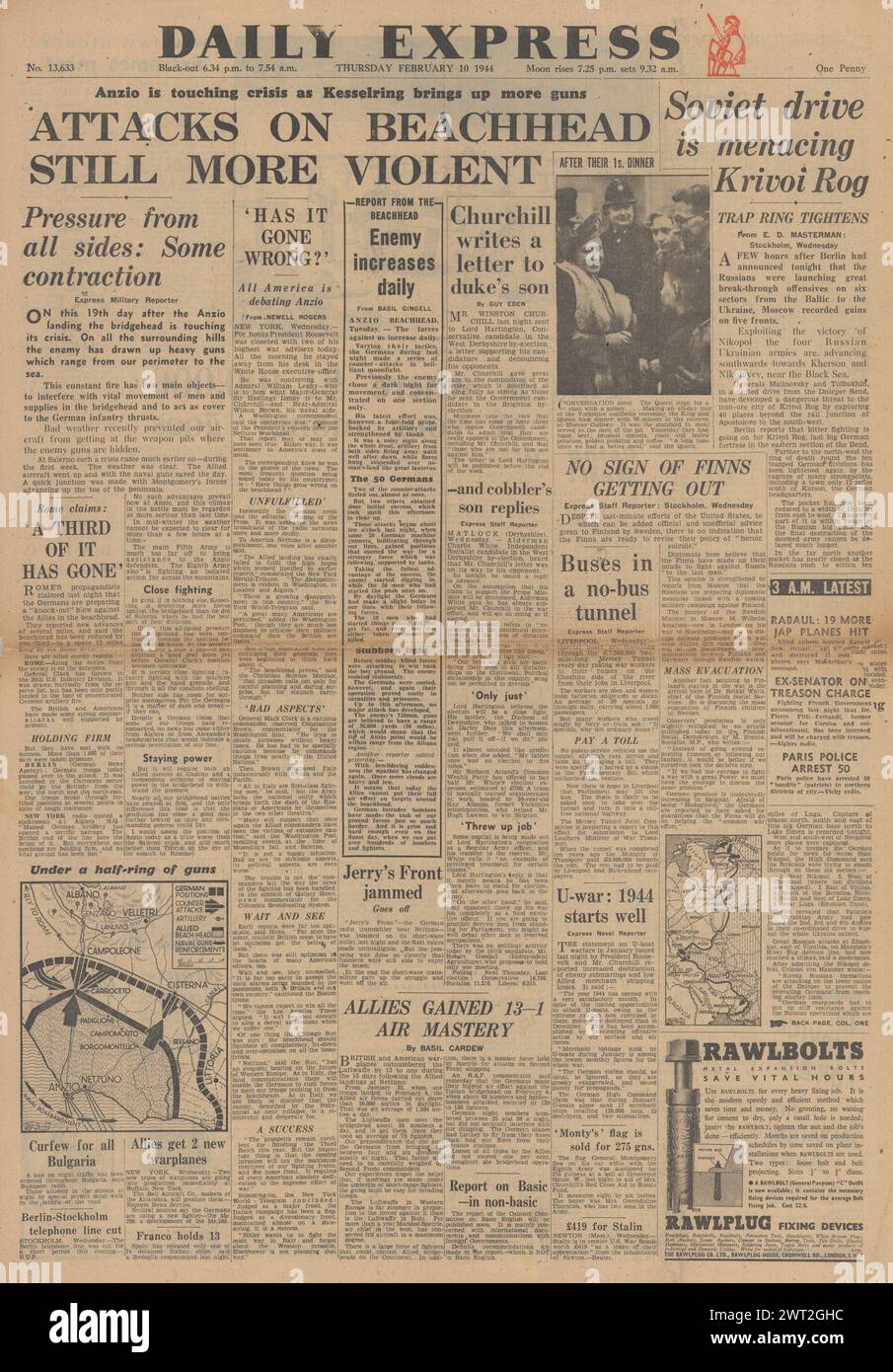 1944 Daily Express front page reporting Battle for Anzio, Red Army ...