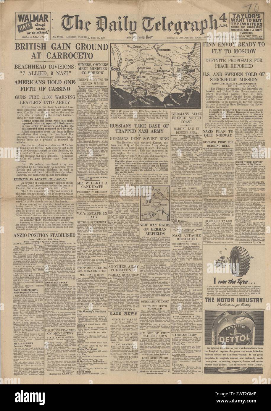 1944 The Daily Telegraph front page reporting Battle for Carroceto, Red ...