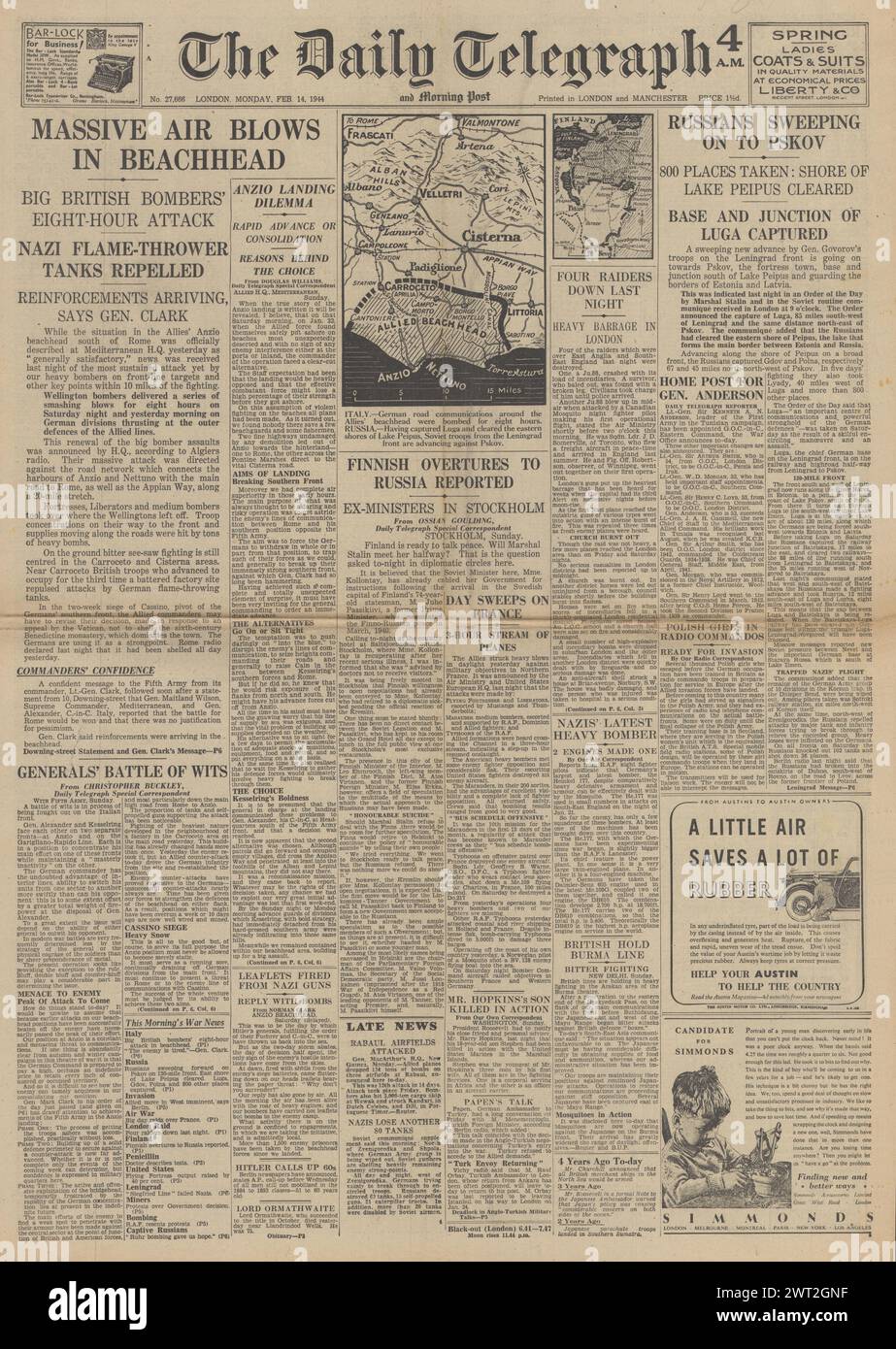 1944 The Daily Telegraph front page reporting Battle for Anzio ...