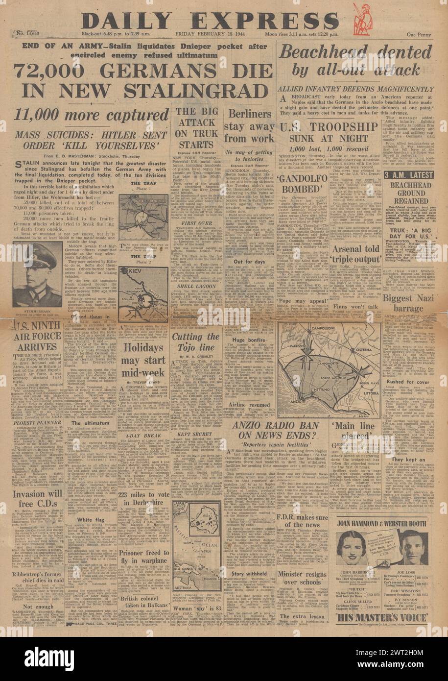 1944 Daily Express front page reporting Battle for Anzio beachhead ...