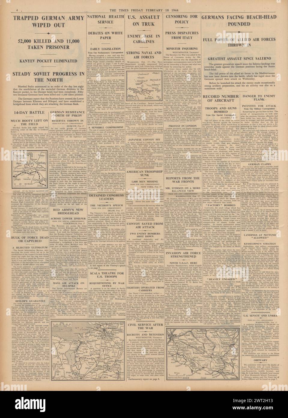 1944 The Times reporting US forces attack Truk, battle for Anzio, heavy ...